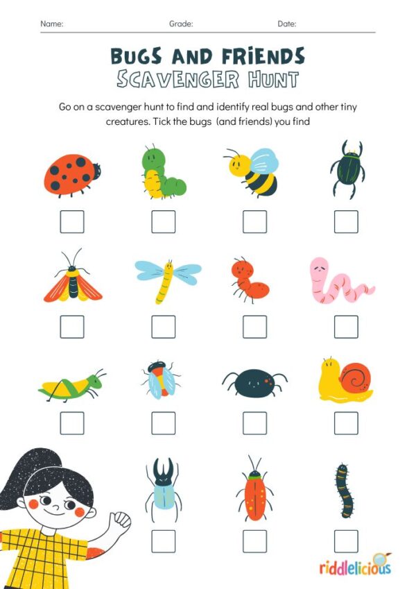 Free Bugs Scavenger Hunt Printable PDF for Kids